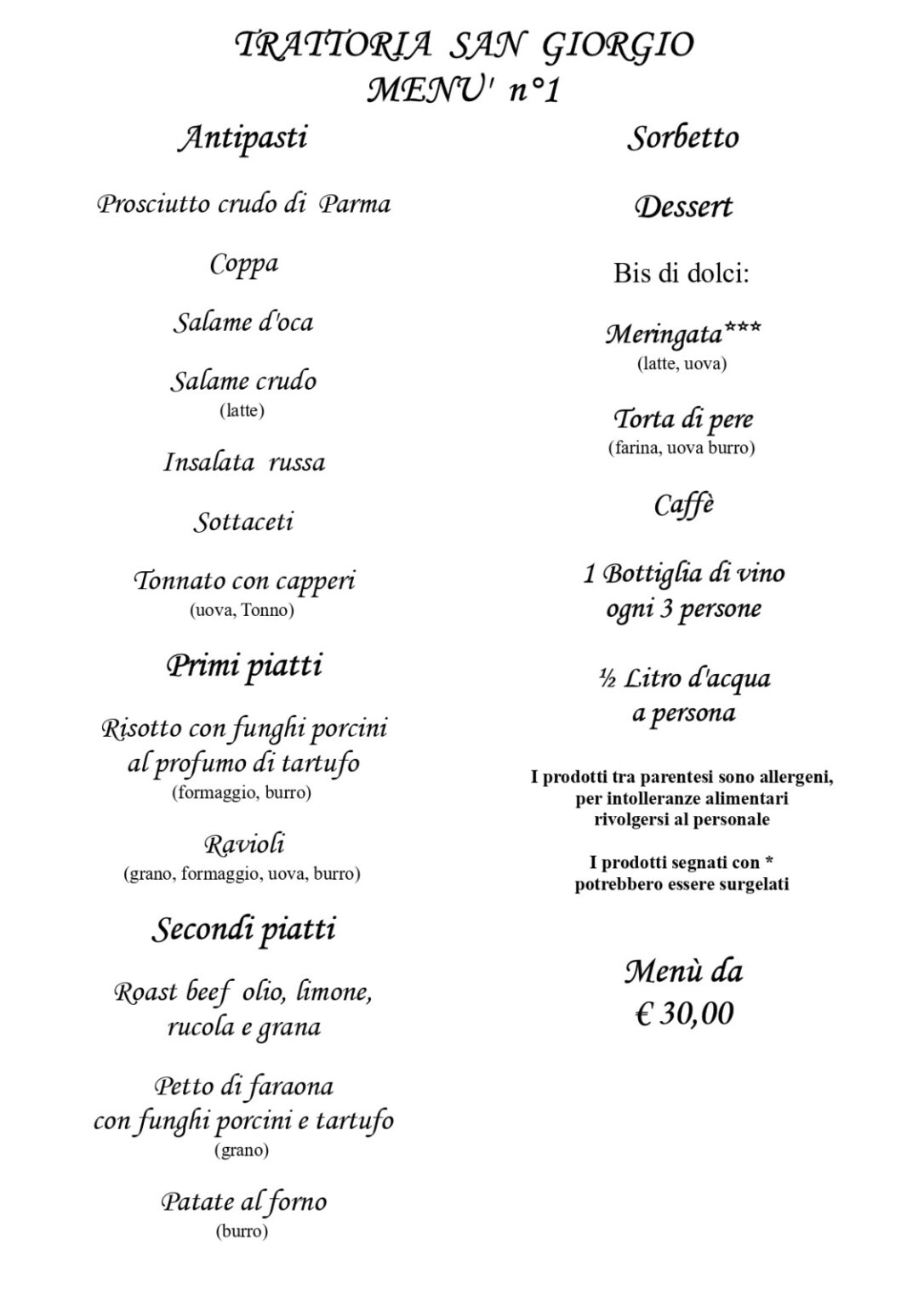 Menù | Trattoria San Giorgio
